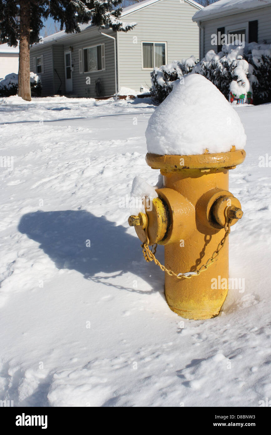 A fire hydrant completely covered in snow, showing its bright red color ...