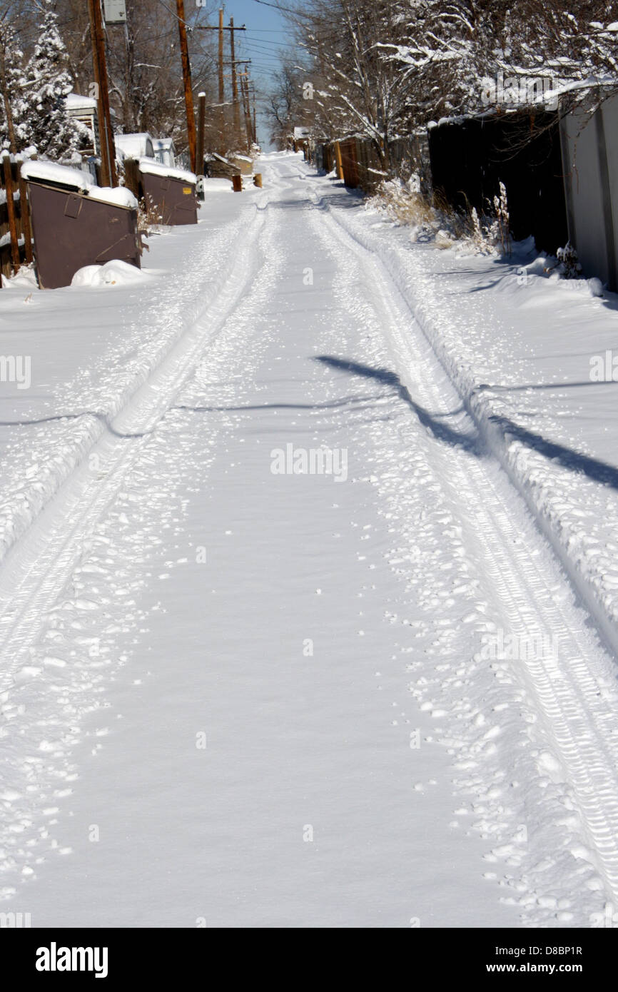 A quiet, snow-covered alley, with soft snow blanketing the ground and ...