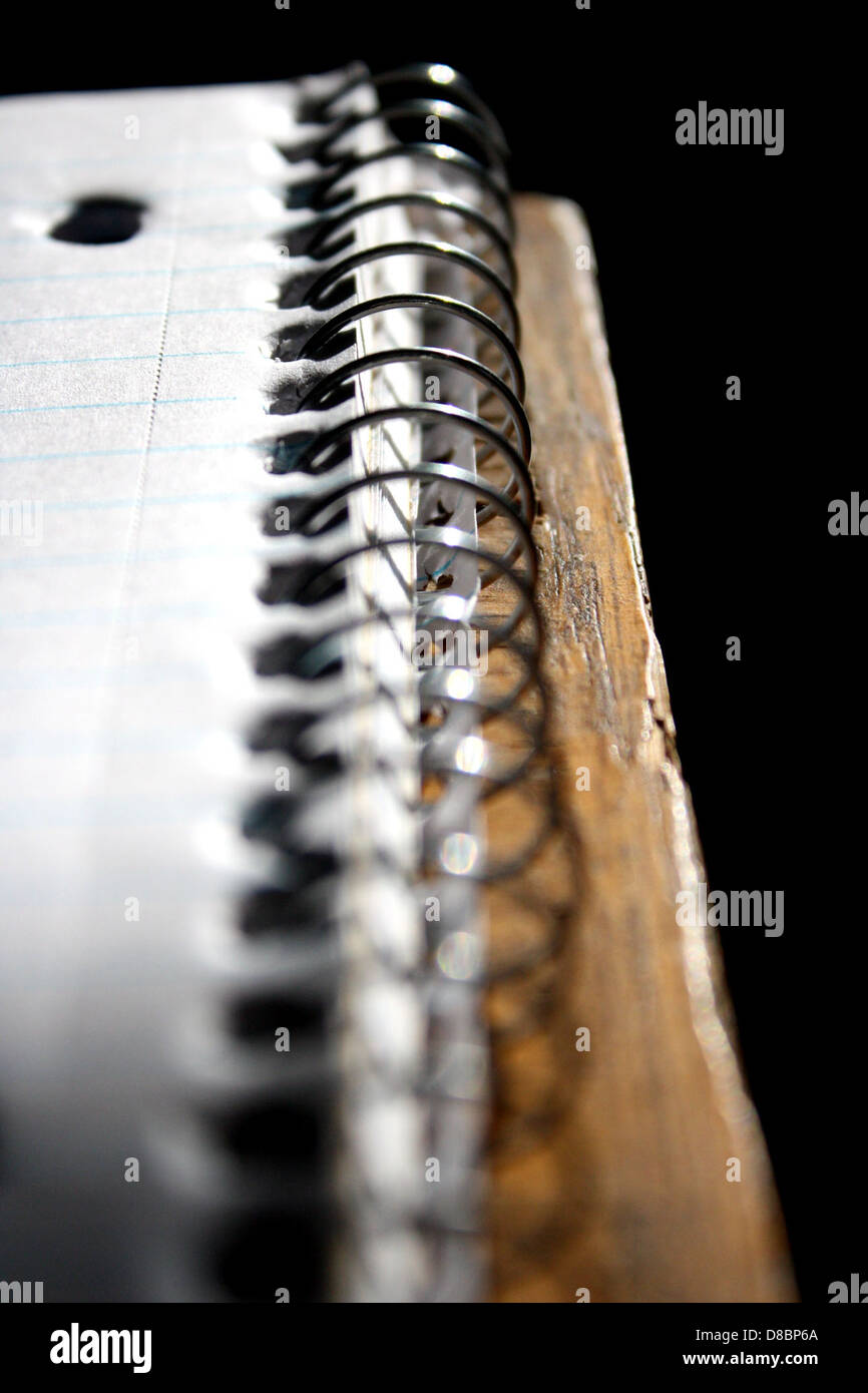 A close-up shot of the spiral edge of a notebook, showcasing the metal ...