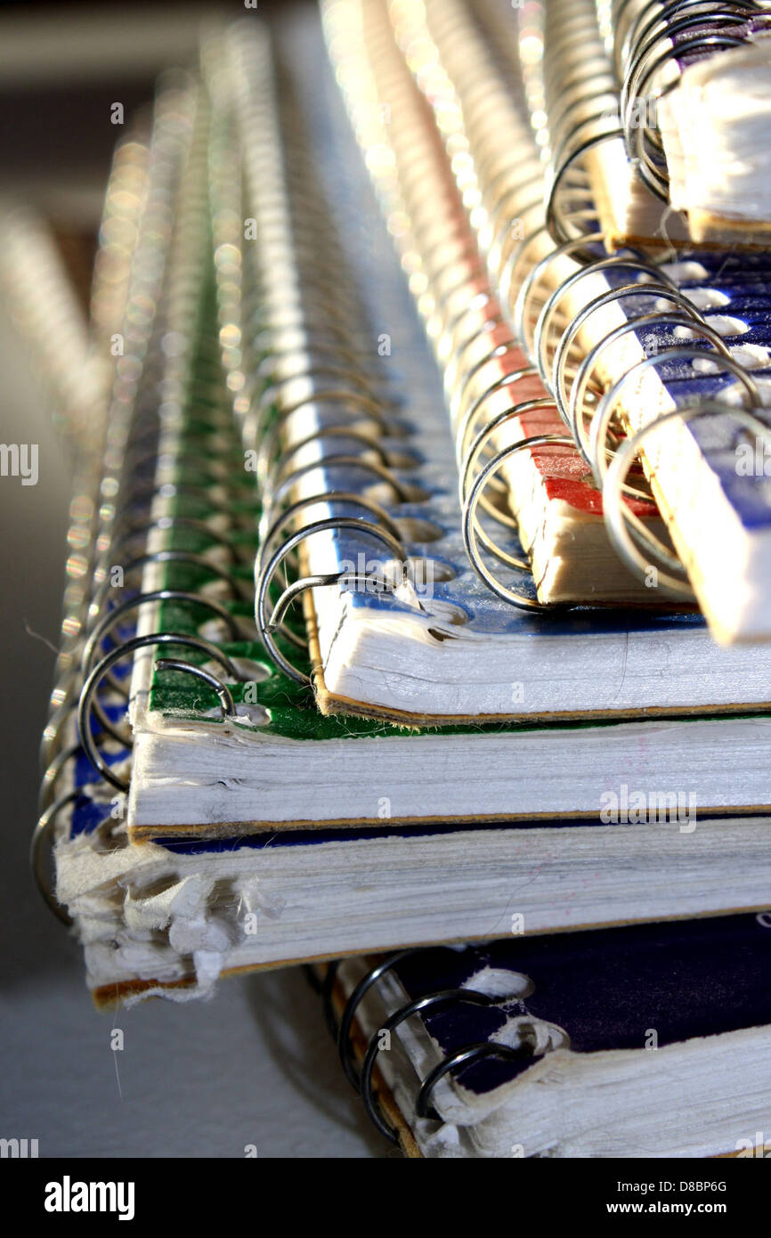 This image features a set of spiral-bound notebooks stacked together ...