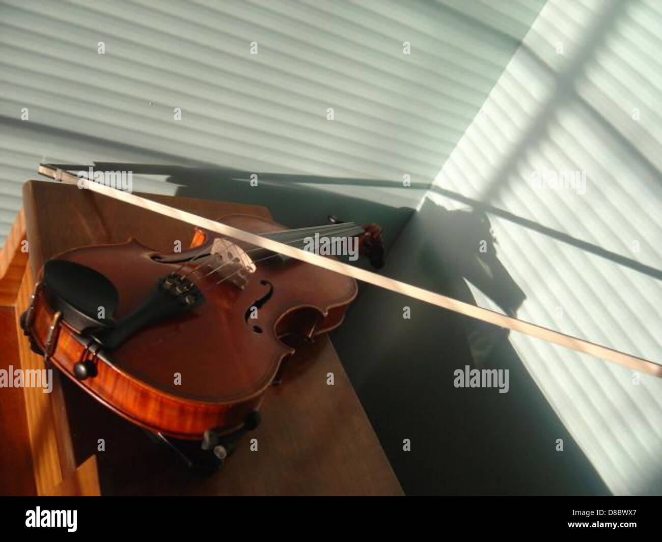 A violin placed artistically, with shadows highlighting its curves and ...