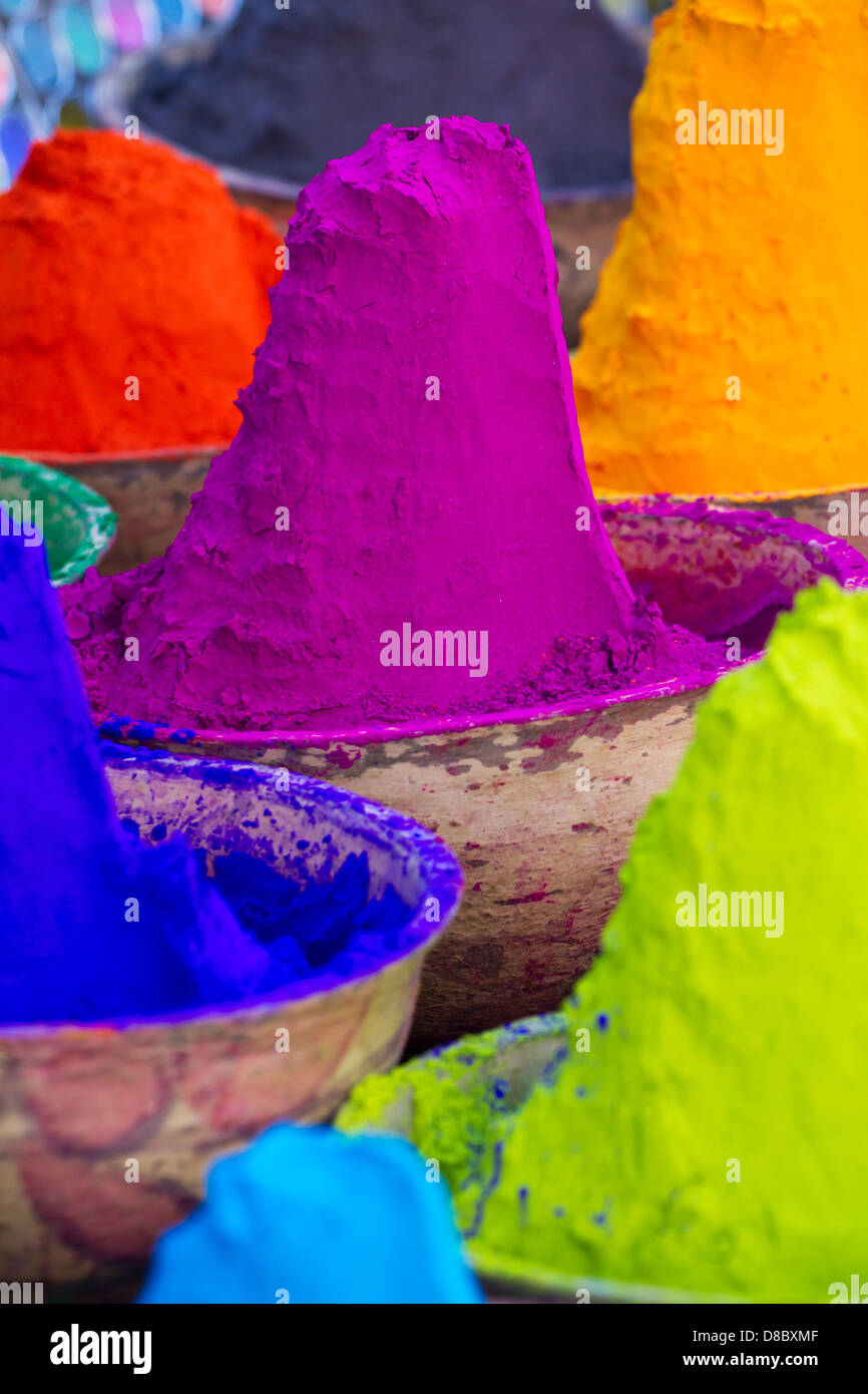 Colorful piles of powdered dyes used for Holi festival in India Stock ...