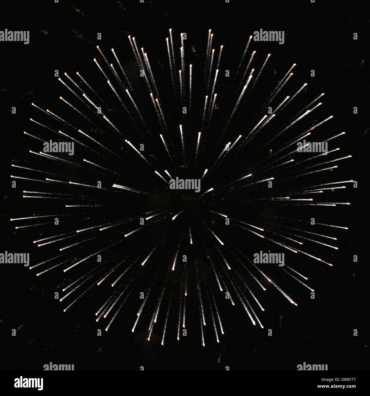 This image features a white starburst pattern created by fireworks. The ...