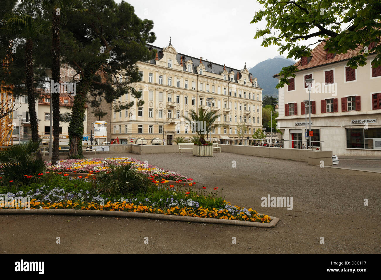 Square with large flower bed, Merano, South Tyrol, Italy Stock Photo ...