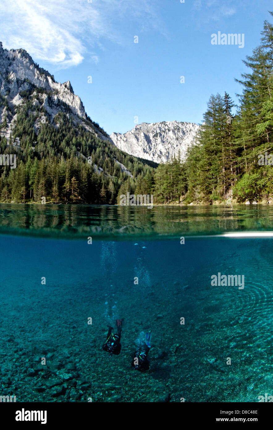 Two divers in Green lake, Tragoess, Styria, Austria, underwater shot ...