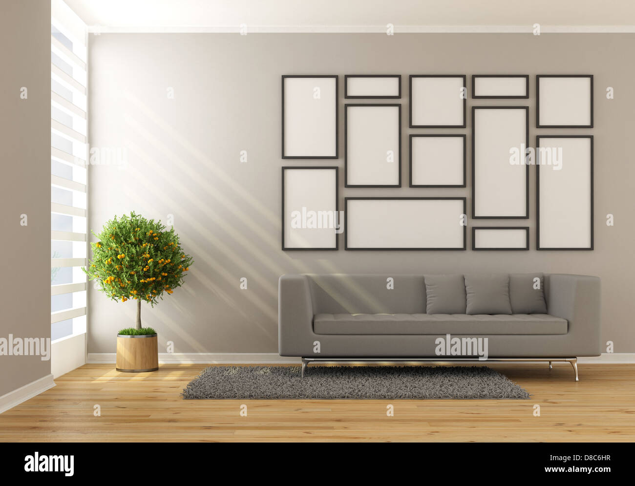 Contemporary minimalist living room with couch and blank frame ...