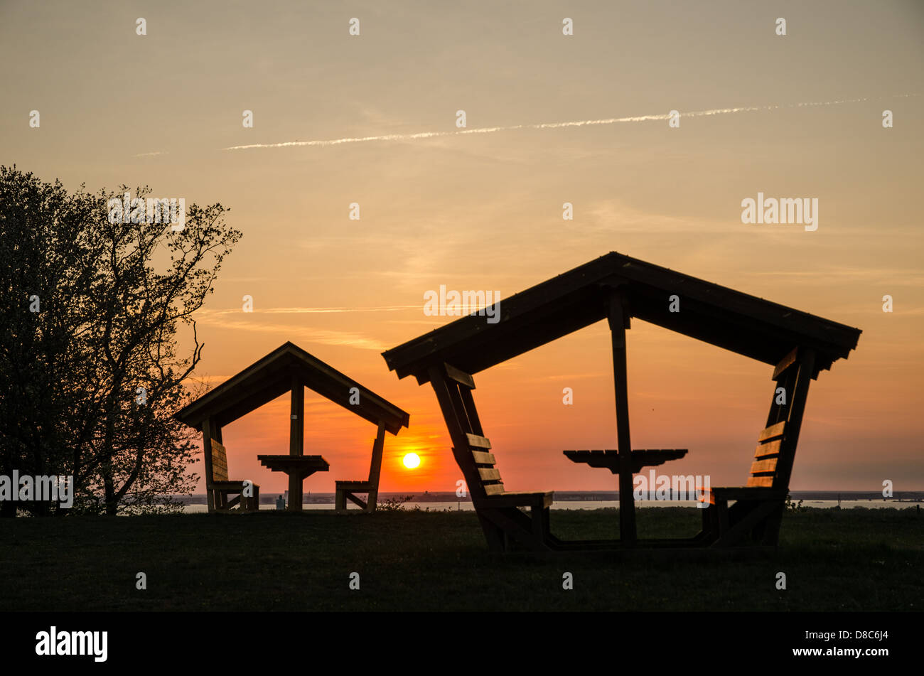 Benches and table with roof at a rest area at the island Oland in ...