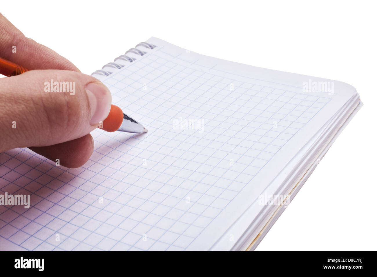 Hand writing a message in the open notebook. Isolated on white ...