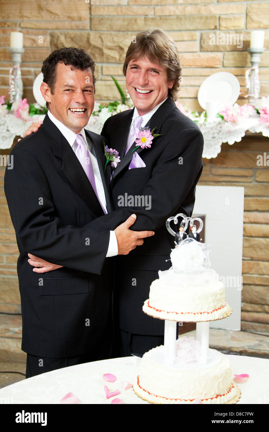 Two handsome, happy grooms enjoying their wedding reception Stock Photo ...