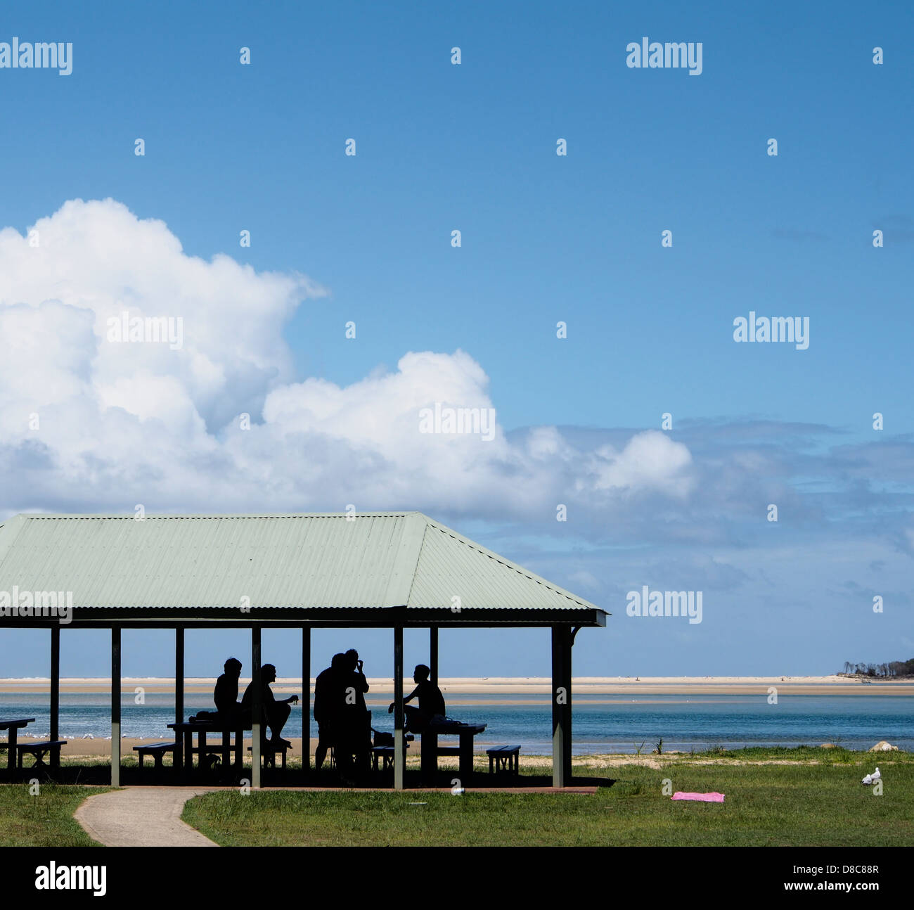 PEOPLE MEETING TOGETHER SHADED SEATING AREA ,NAMBUCCA HEADS, BEACH, NEW ...