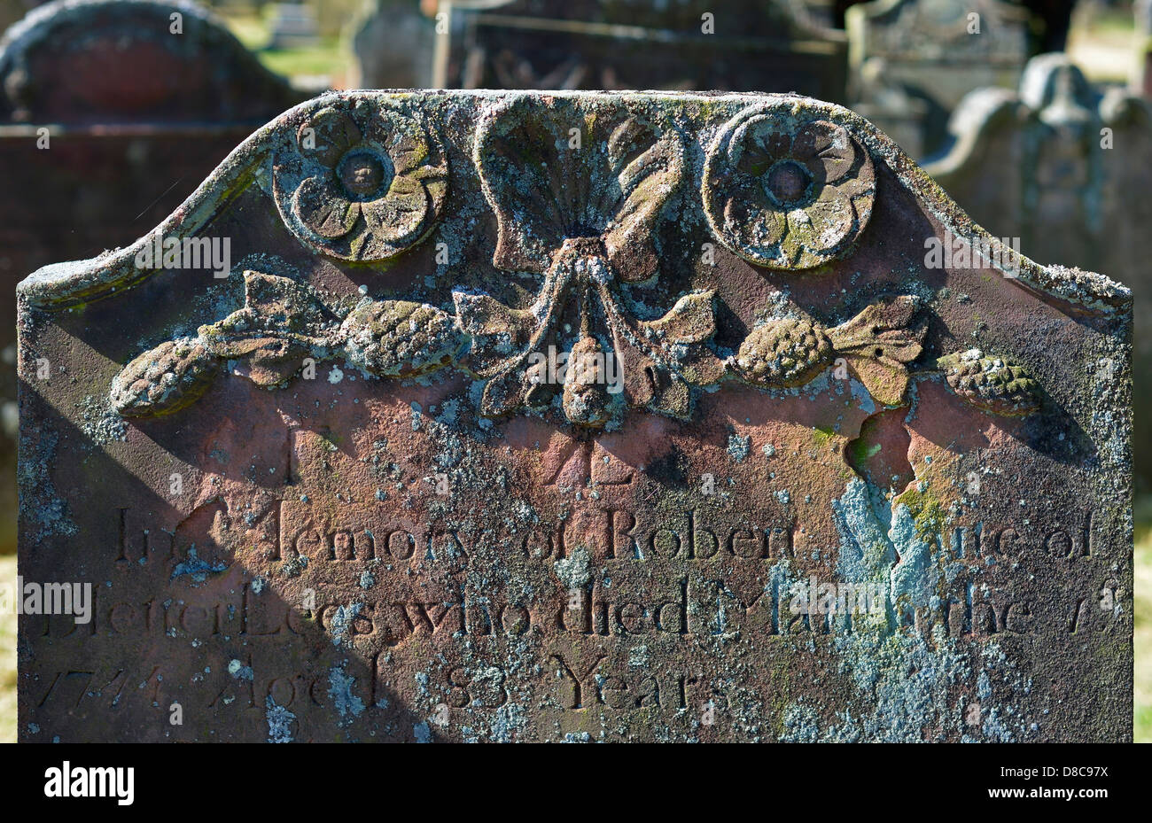 Gravestone with stylized floral design (detail). Church of St. Mary ...