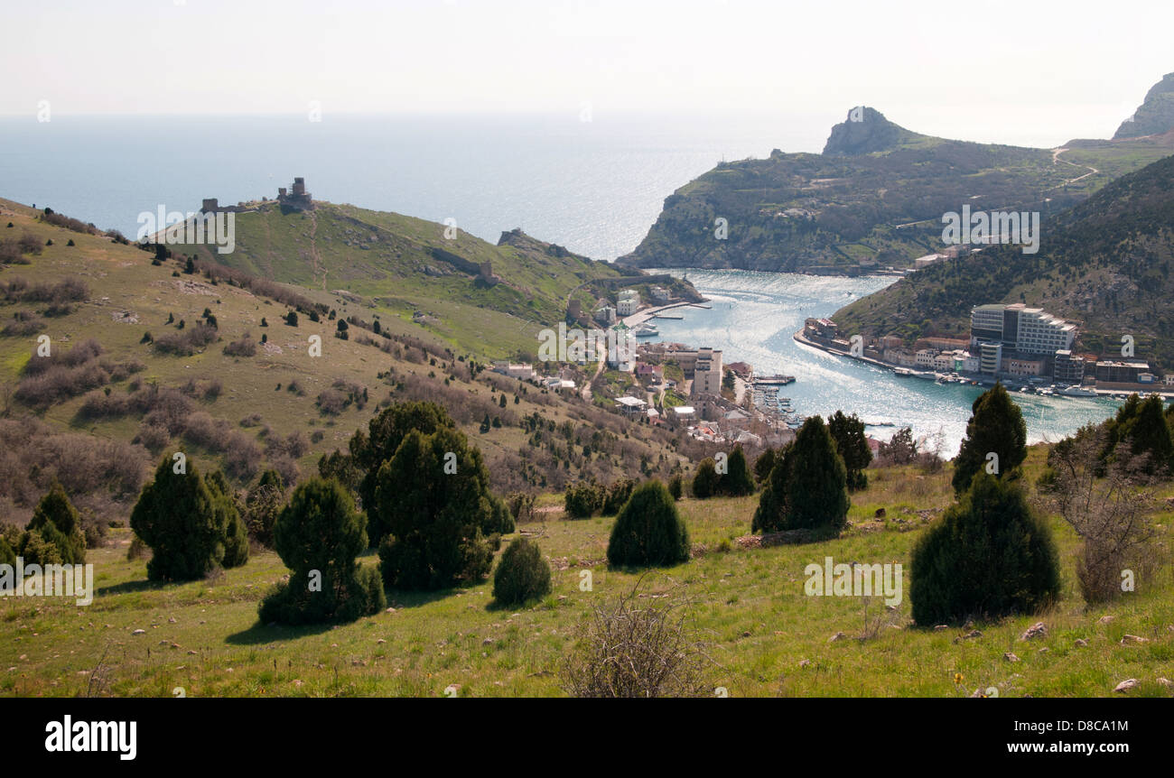 seafront with ships at pier Balaclava Town, Crimea, Ukraine Stock Photo ...