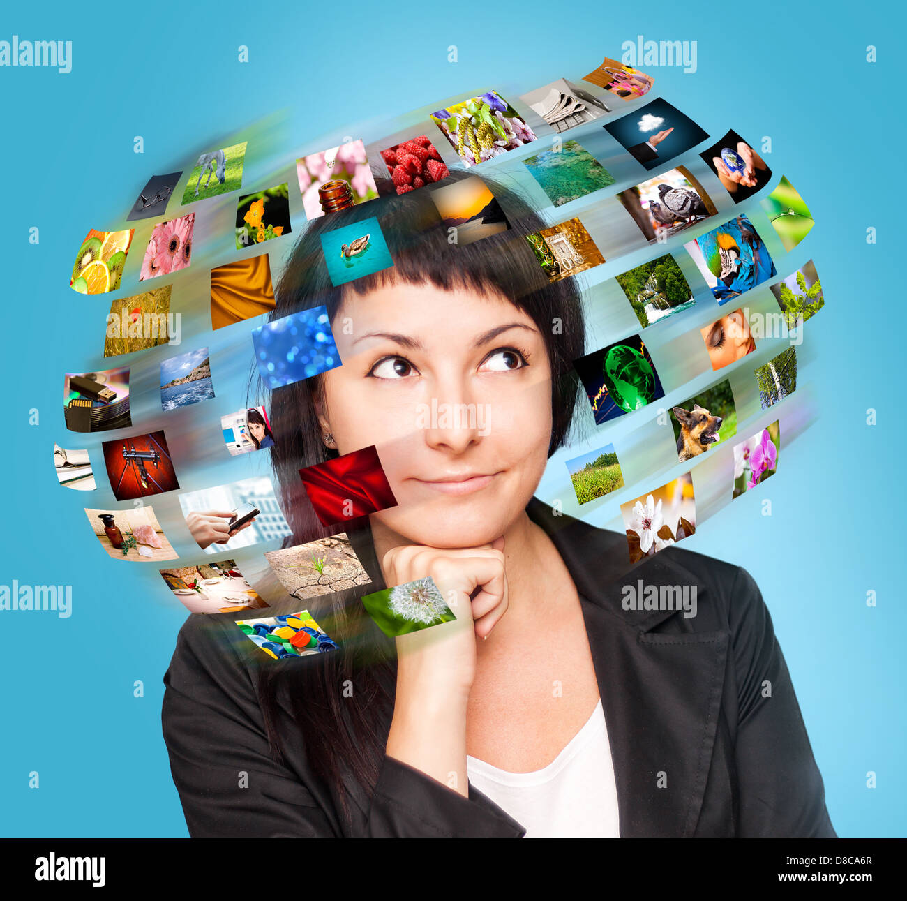 A technology woman has images around his head. Use it for a ...