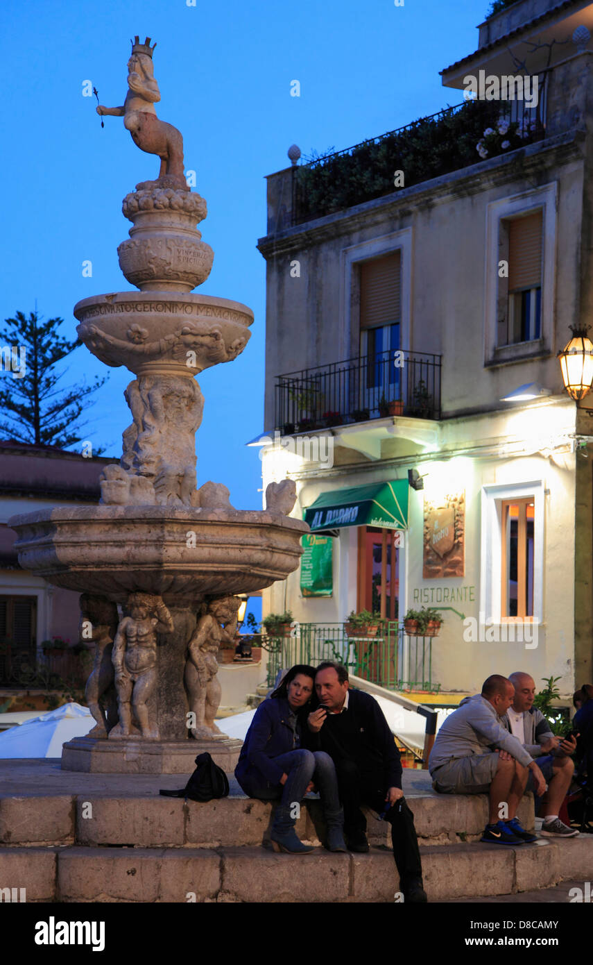 Italy, Sicily, Taormina, Piazza Duomo, fountain, centaur statue, people ...