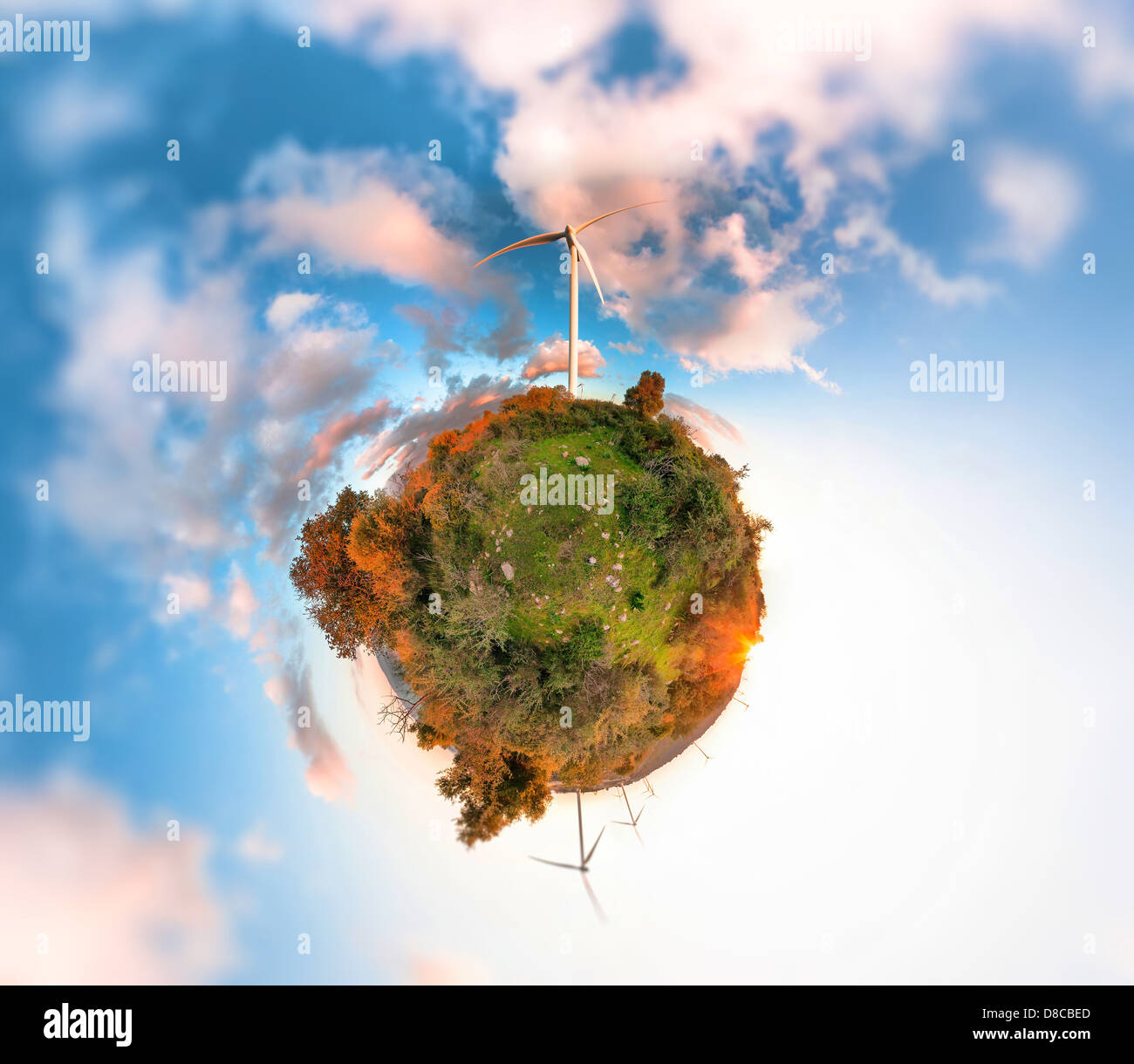 Little Planet with wind turbines generating electricity on sunset Stock ...