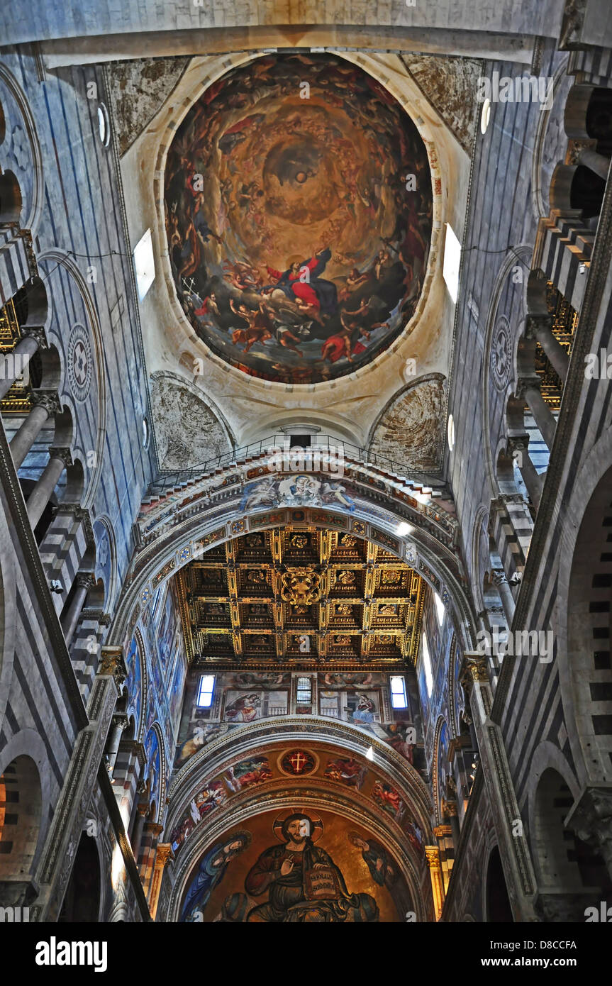 The interior of the beautifully decorated basilica. The ceiling is ...