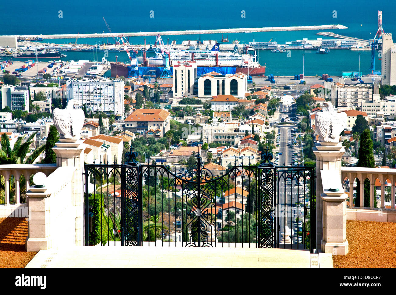 View of Haifa from the top of Mount Carmel showing the Port of Haifa ...