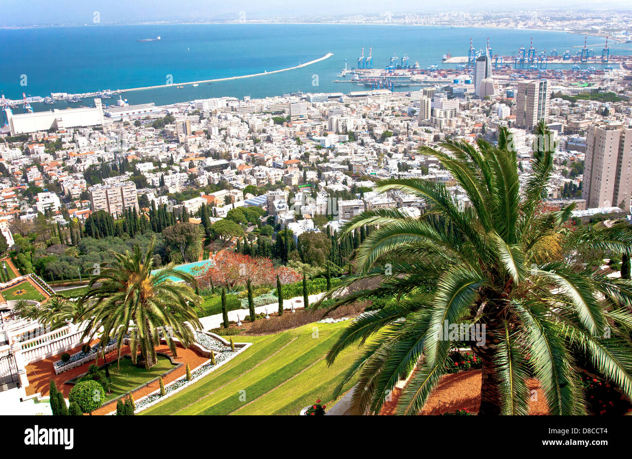 View of Haifa from the top of Mount Carmel showing the Port of Haifa in ...