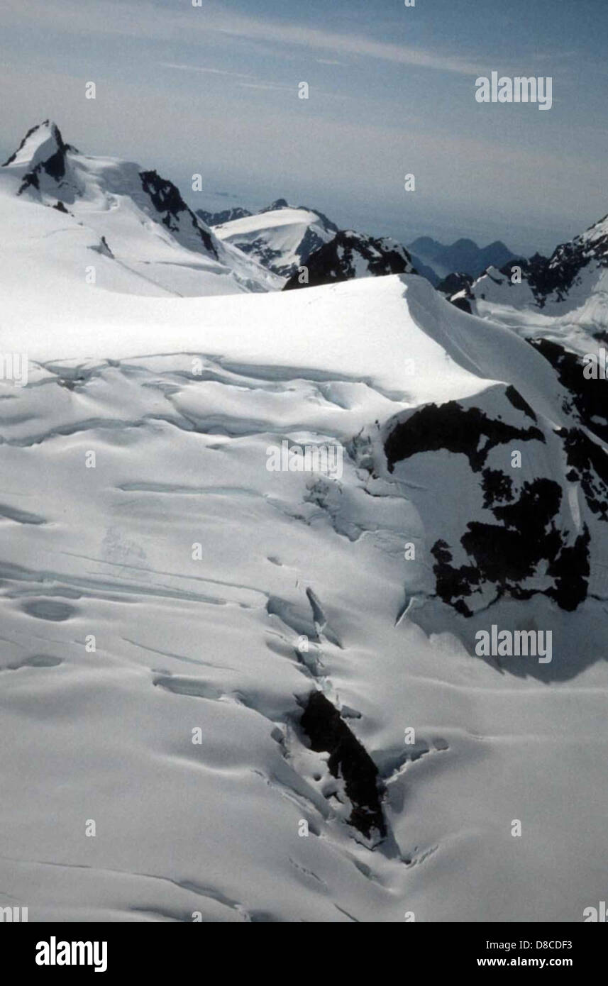 This aerial shot captures the vast Harding Ice Field, located in Alaska ...