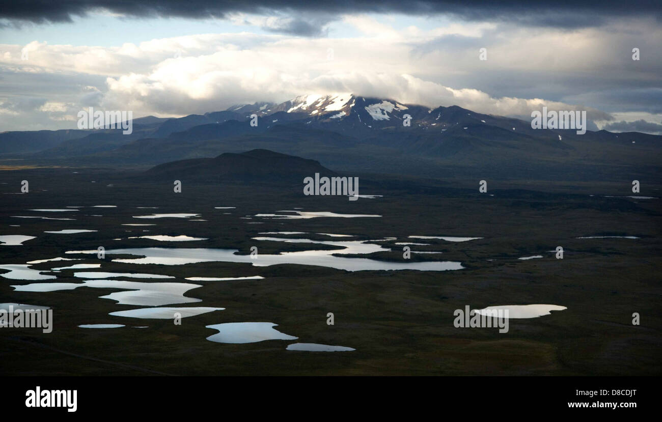 An aerial view showing water sources such as lakes and rivers, with ...
