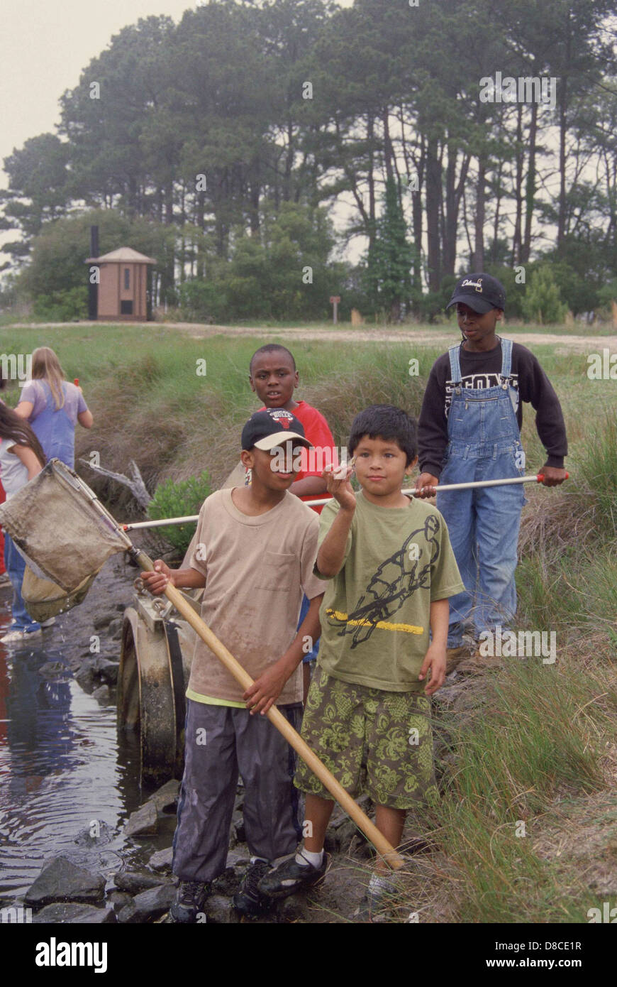 Two African American boys fishing with a net on a river, capturing a ...