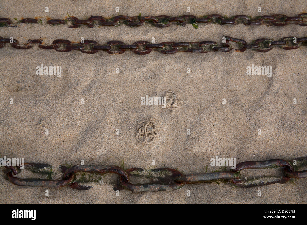 Row of three chains on the sand, Harbour beach, St Ives Cornwall ...
