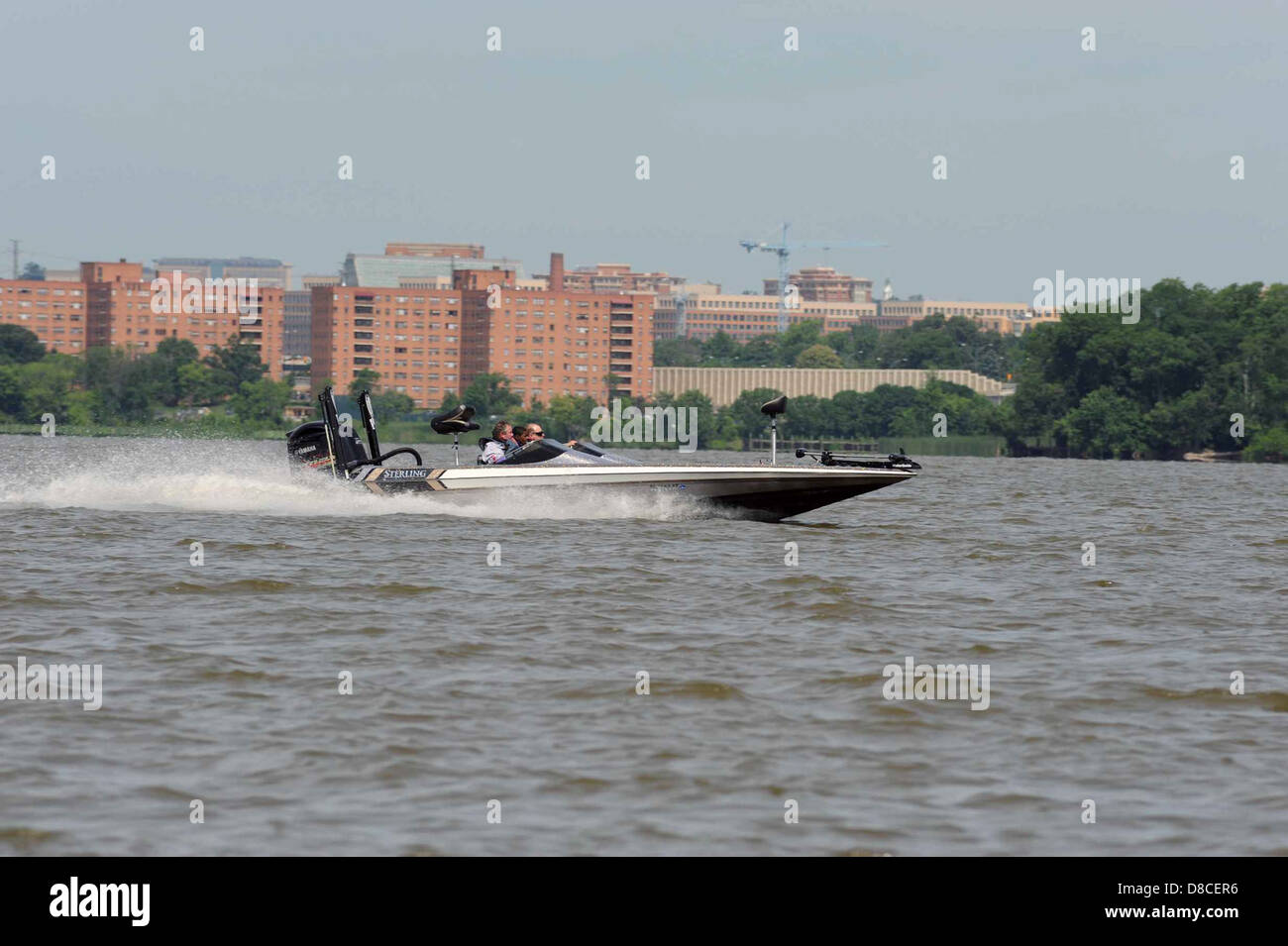 A high-speed boat racing across the water during a tournament. The ...
