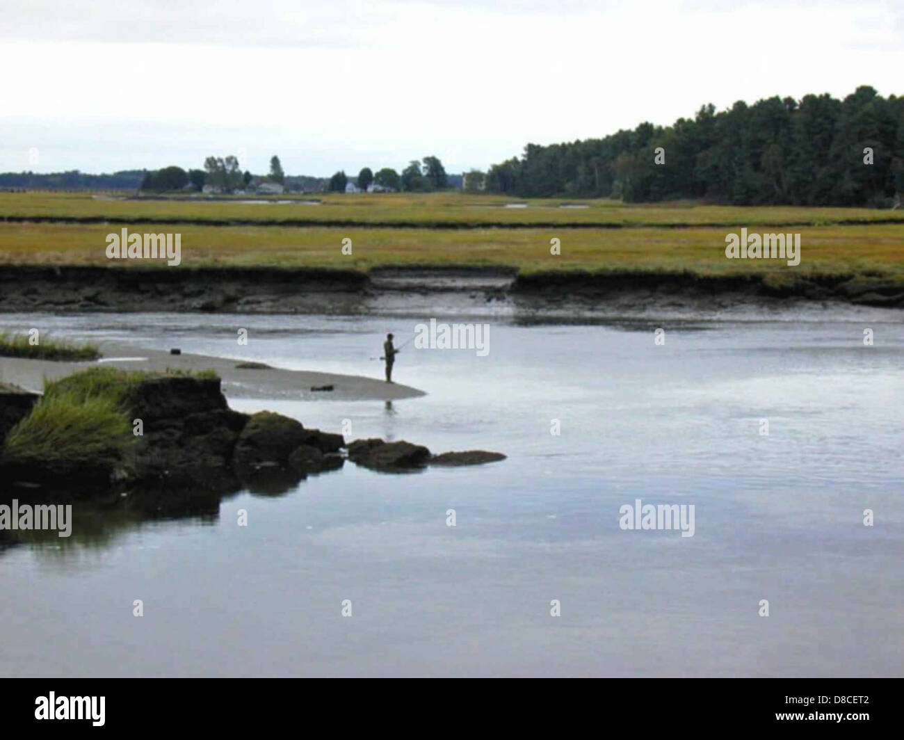 A fisherman stands along a river, casting a line into the water in ...