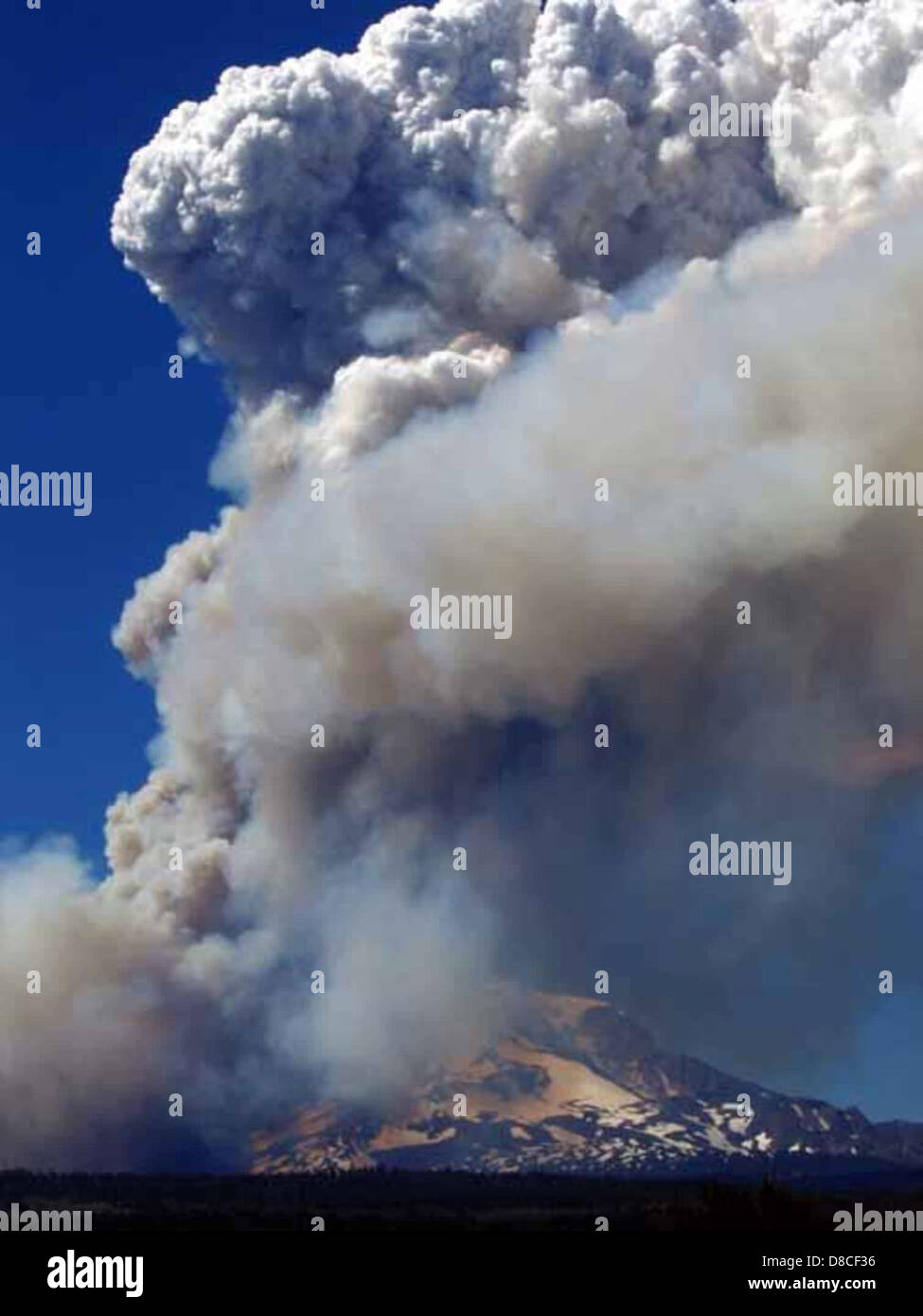 A wildfire burns on Mt. Adams, with smoke rising from the forested area ...