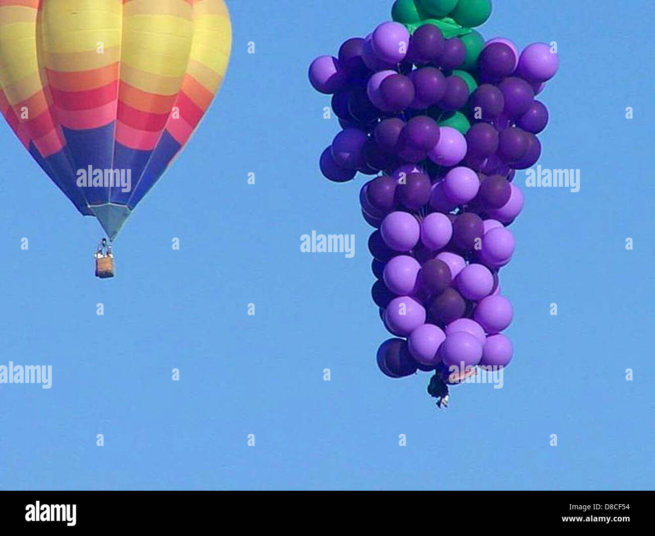 A colorful cluster of hot air balloons floats in the sky, creating a ...