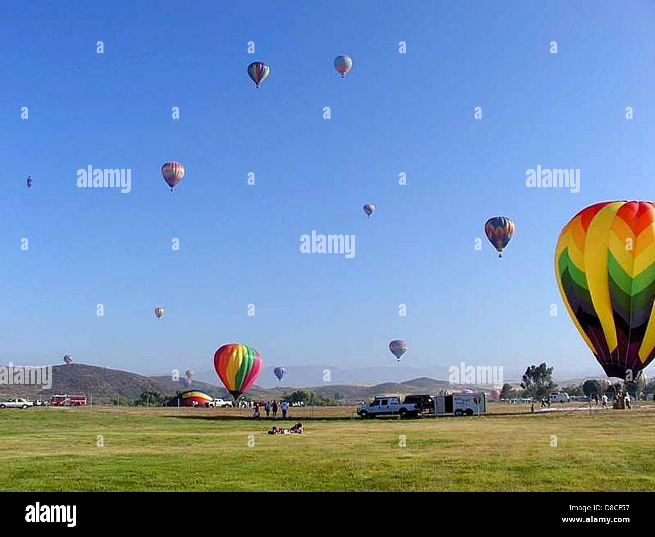 Brightly colored balloons float high in the sky, creating a joyful and ...