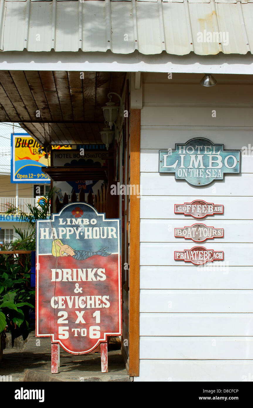 Happy hour advertising sign at Limbo Hotel in Colon Island Stock Photo ...