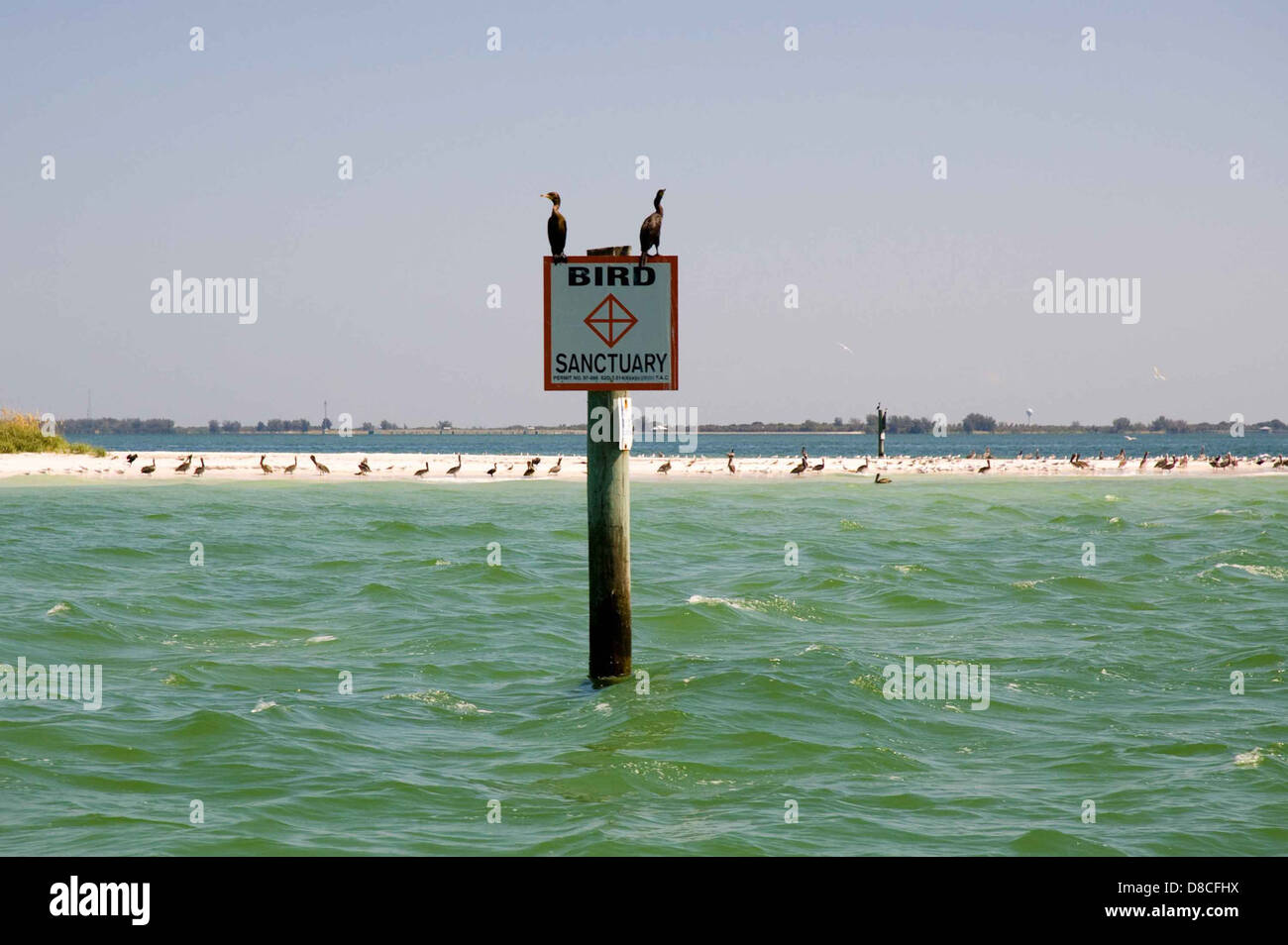 A bird sanctuary sign is placed near a body of water, marking an area ...