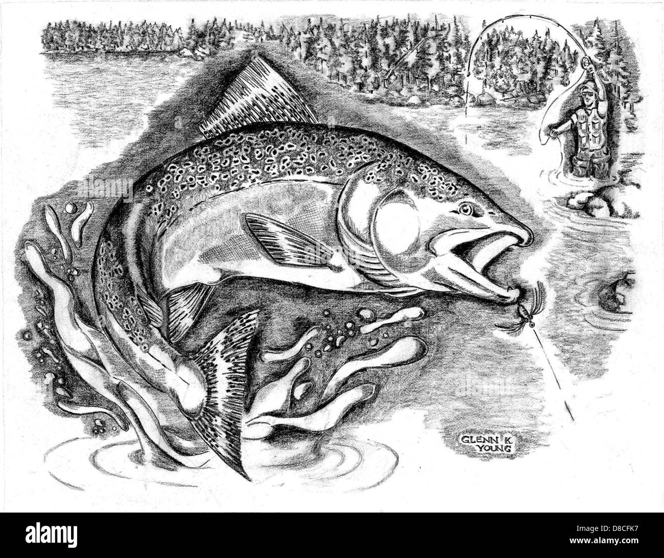 A black-and-white illustration depicting a fisherman engaged in fishing ...