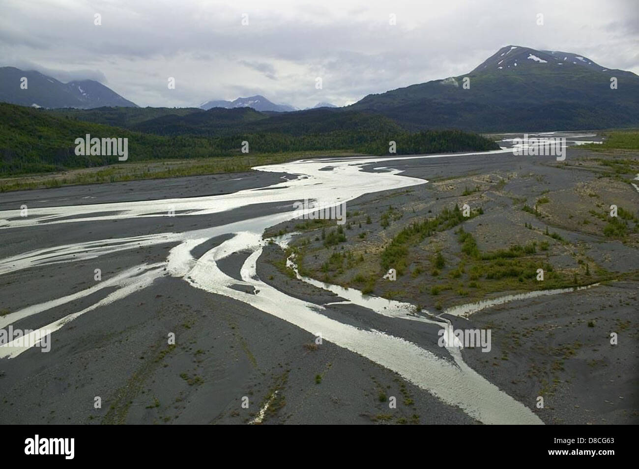 A braided river outwash plain is shown, with multiple channels of water ...
