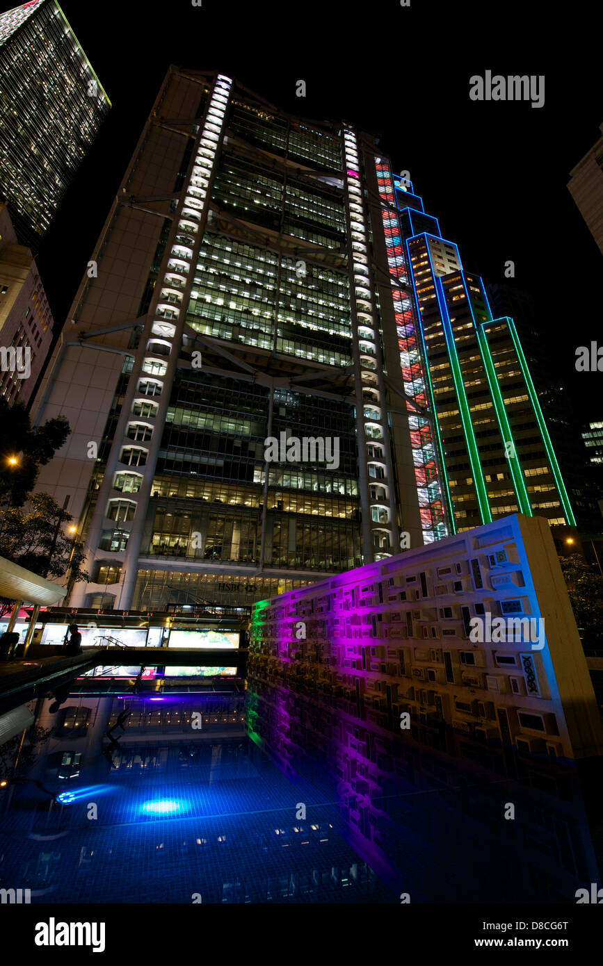 HSBC Hong Kong Headquarters and Standard Chartered building at night in Central, Hong Kong Stock ...