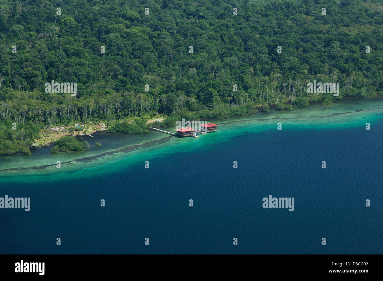 Aerial view of tropical rain forest and hotel over the water in Colon ...