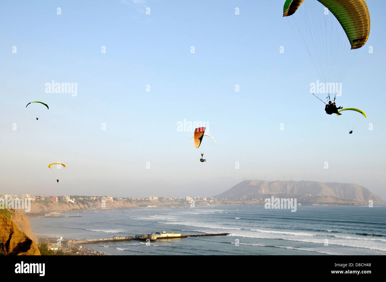 Practicing paragliding on the waterfront of Miraflores district. Lima ...