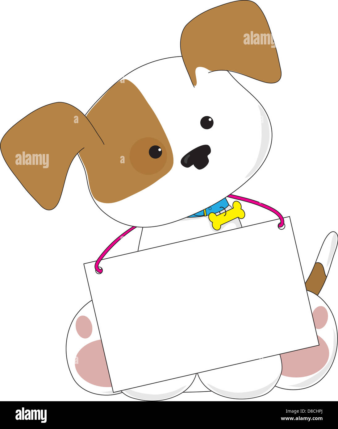 A cute puppy with head tilted, sits with a large blank sign strung ...