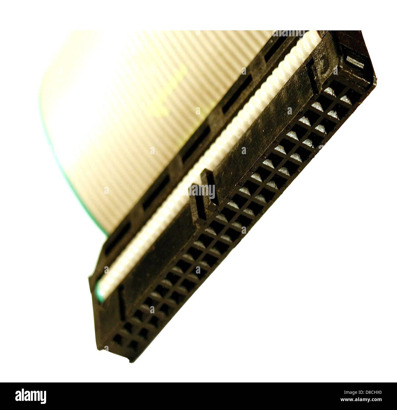 A close-up of a computer cable connector, showcasing its detailed ...