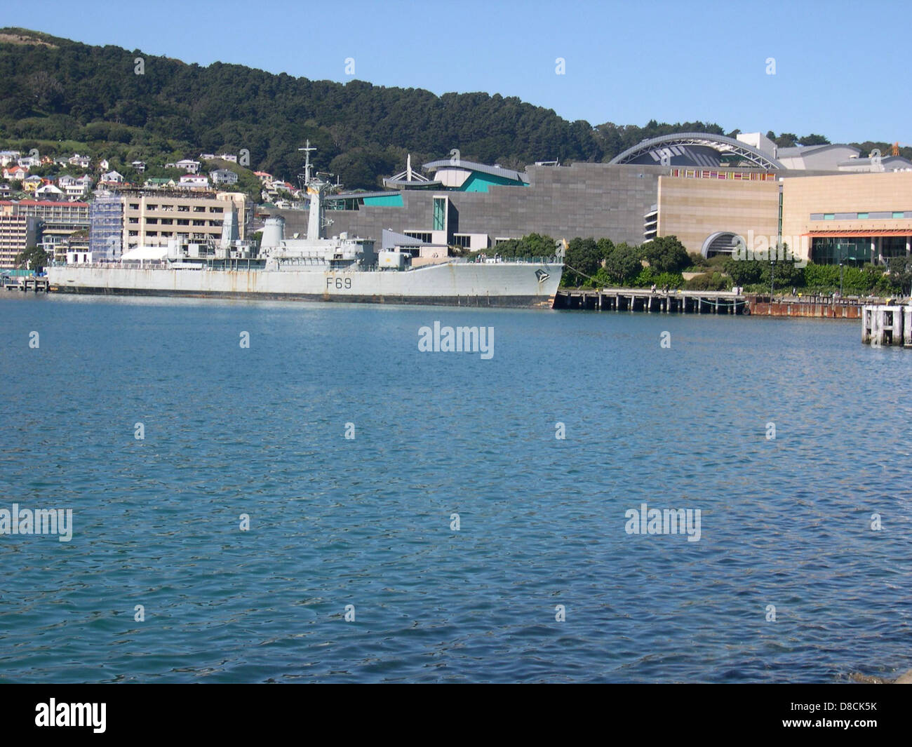 The F69 HMNZS Wellington naval ship is docked outside Te Papa Tongarewa ...