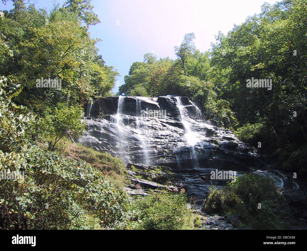 This image shows a top view of a waterfall, surrounded by lush natural ...