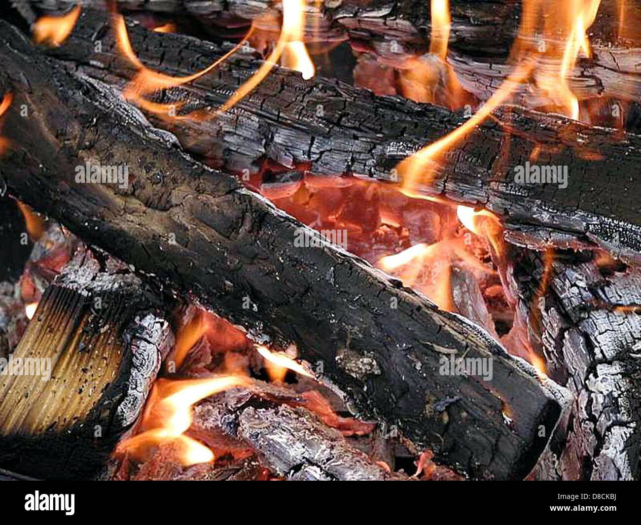 Firewood burning with visible flames and glowing embers. The image ...
