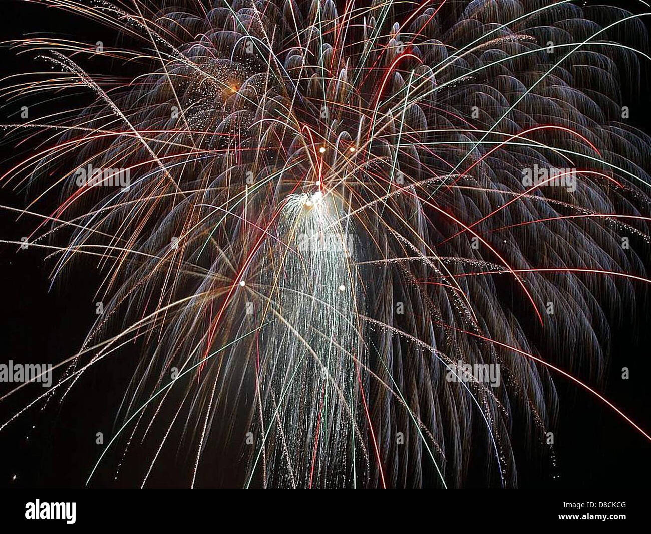 The image captures a vibrant display of fireworks in the night sky ...