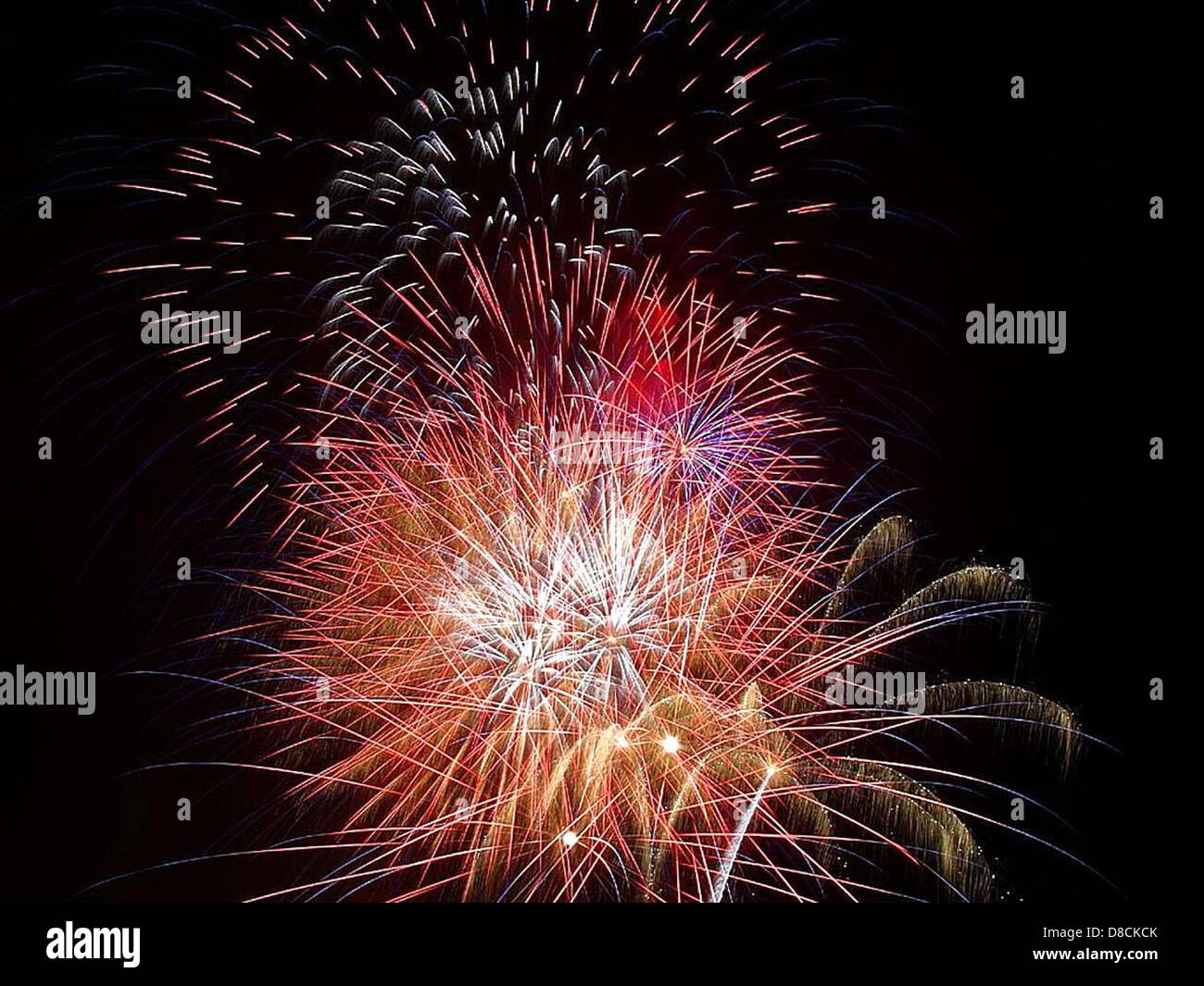 Red fireworks explode in the night sky, creating a vibrant and colorful ...