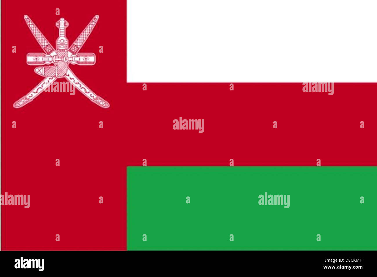 The flag of Oman features three horizontal stripes—white at the top ...