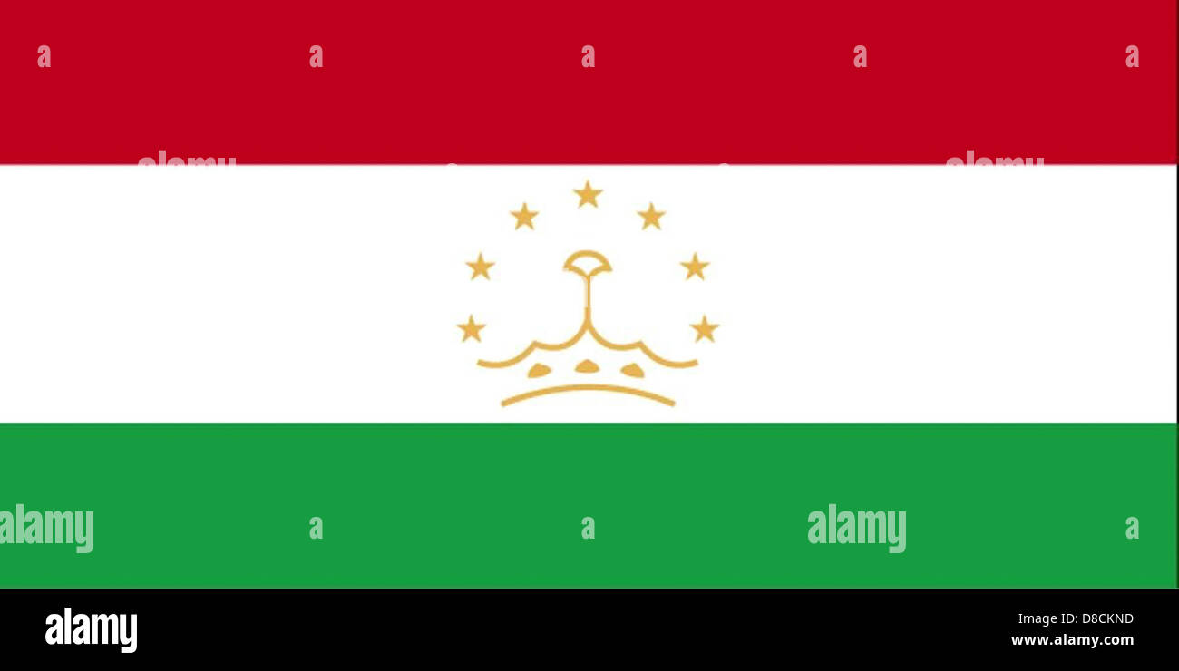 The flag of Tajikistan features three horizontal stripes of red, white ...