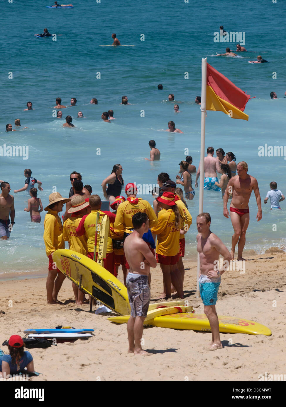LIFEGUARDS AND FLAG ON BEACH AT NEWCASTLE NEW SOUTH WALES AUSTRALIA ...