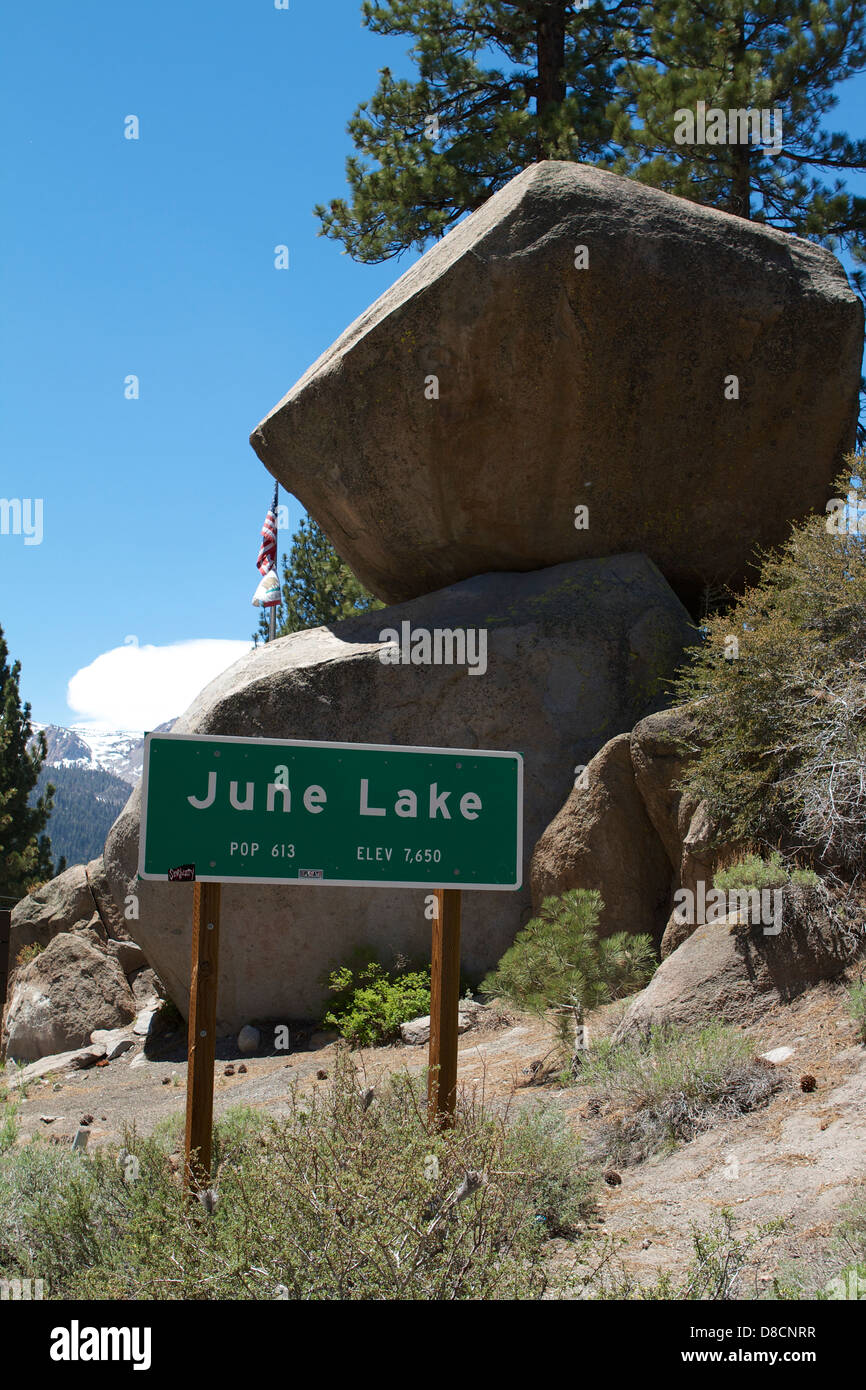 June lake sign on California State Route 158 entering June lake in the ...