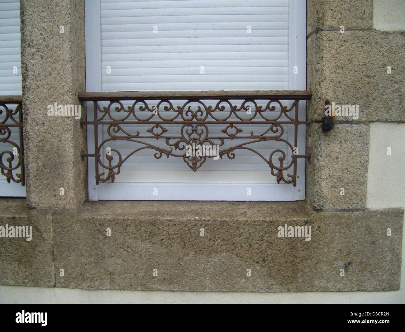 A black iron fence is installed on a window, providing security while ...